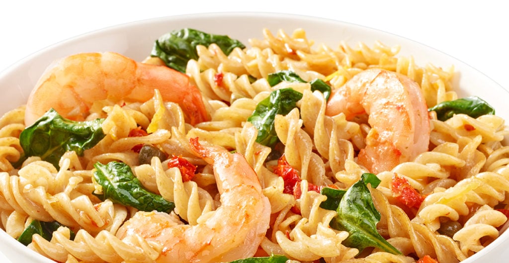 Fusilli with garlic and lemon shrimp, sundried tomatoes, spinach and ...